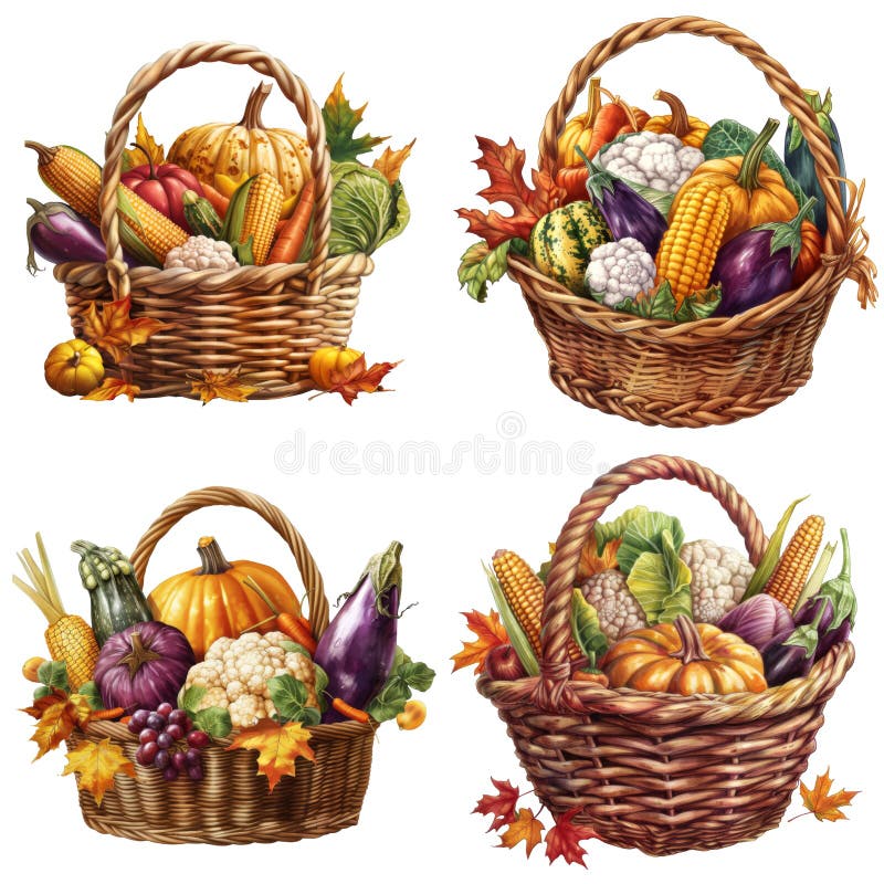 Four Wicker Baskets Overflowing with Autumn Harvest Vegetables Stock ...