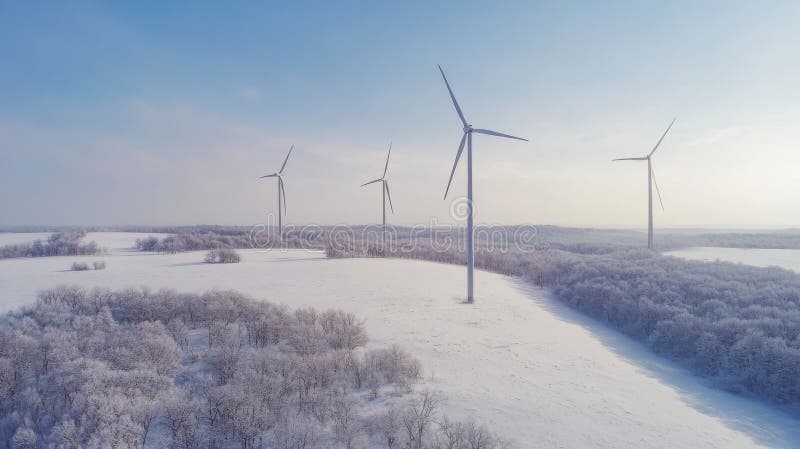 Four Wind Turbines Standing Tall in a Snowy Landscape Stock ...