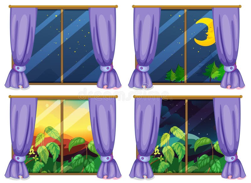 Day And Night Window. Cartoon Skyscrapers At Night With Moon And Stars ...