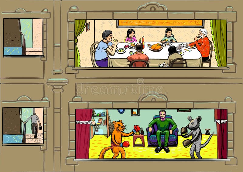 Four Windows of a House with People`s Life Stock Illustration ...