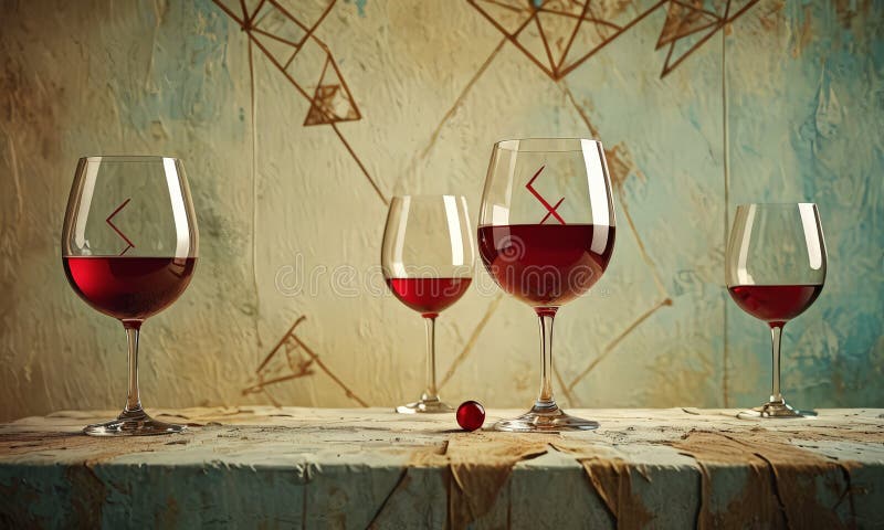 Four Wine Glasses Filled with Red Wine, Each with Unique Design, are ...