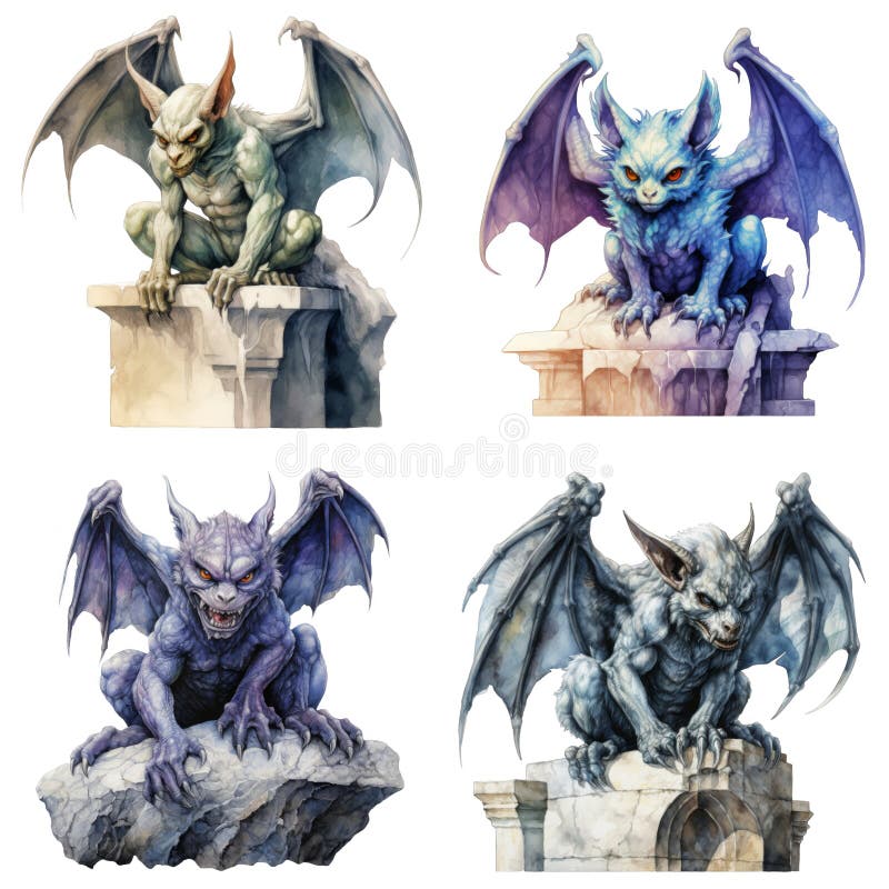 Four Winged Creatures Perched on Stone Structures Stock Illustration ...