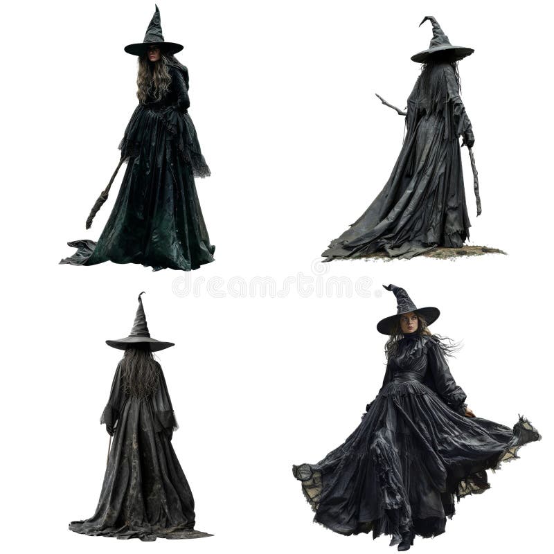 Four Witches in Black Dresses and Pointed Hats Stock Illustration ...