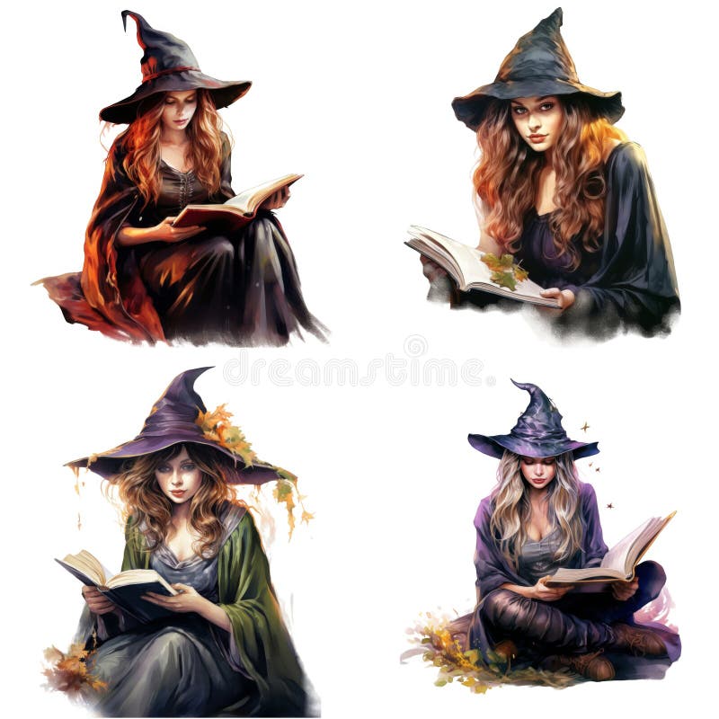Four Witches Reading Books in Various Settings Stock Illustration ...
