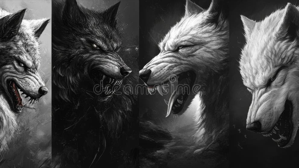 Four Wolf Portraits in Monochrome: Dark and Light Variations Stock ...