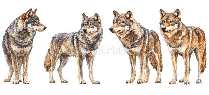 Four Wolves Positioned in a Row, Displaying Their Unique ...