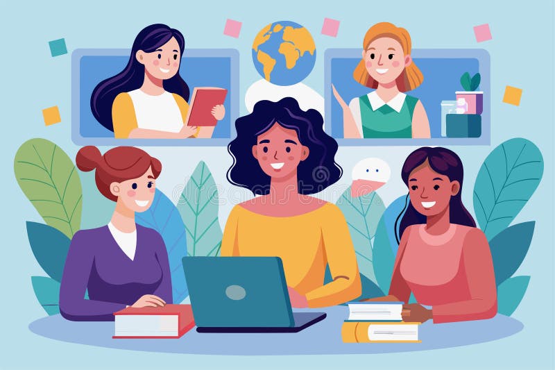 Four Women Connect Remotely To Discuss Ideas and Share Information ...