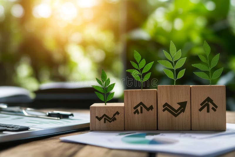 Four Wooden Blocks with Greenery Icons Symbolizing Growth Success ...