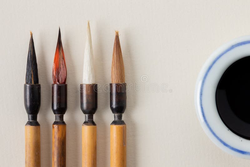 Four Wooden Calligraphy Brushes with Colored Bristles Stock Photo ...
