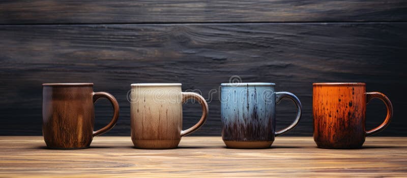 Four Wooden Cups Sit on a Table, Part of the Tableware Collection Stock ...