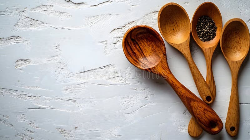 Four Wooden Spoons on a Textured White Background, with One Filled with ...