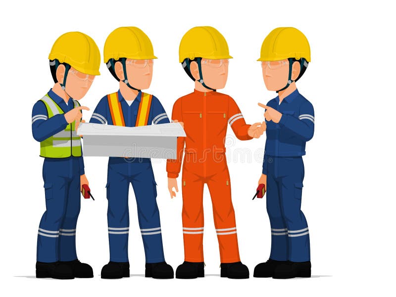 Four Workers are Discussing about Engineering Drawing Stock Vector ...