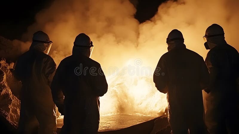 Four Workers in Protective Suits and Gas Masks Watching a Massive Fire ...