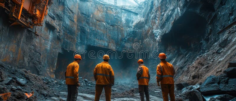 Four Workers Standing in a Vast Quarry, Observing the Intricate Rock ...