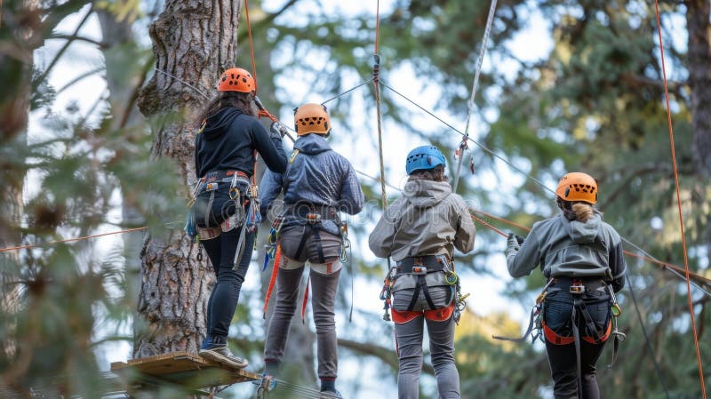 Four Workers Wearing Harnesses and Guiding Each Other on a High Ropes ...