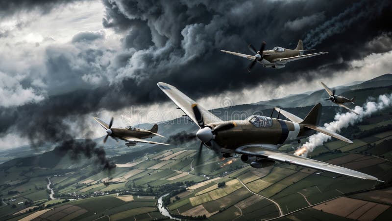 Four World War Ii Fighter Planes are Flying in Formation Over a ...