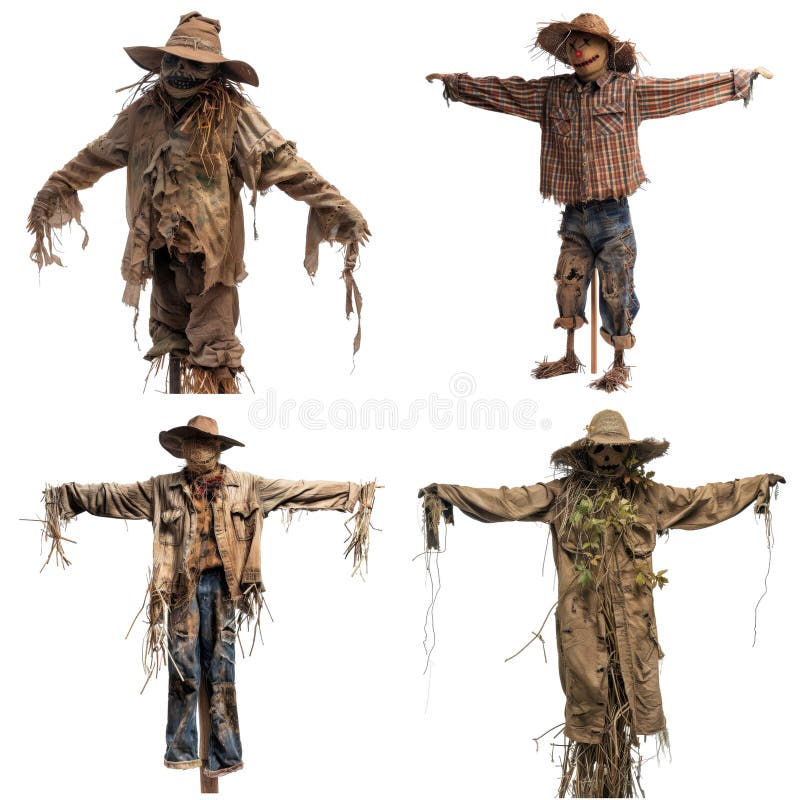 Four Worn and Weathered Scarecrows in Various Poses Stock Illustration ...