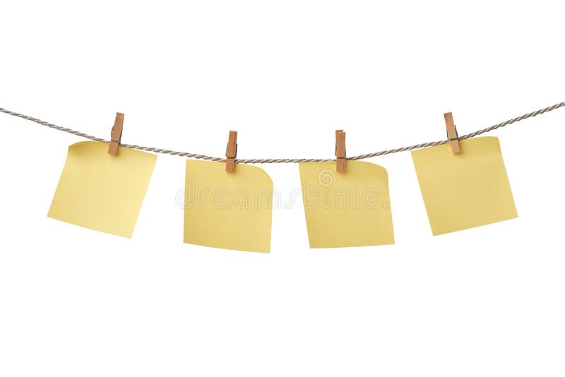 Four Yellow Blank Notes Hanging on the Rope Isolated on White ...
