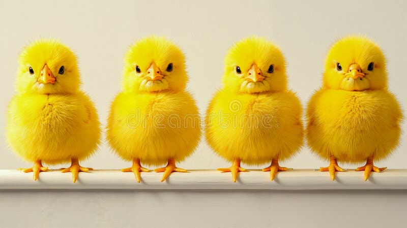 A Group of Four Yellow Chicks Sitting on Top of a White Shelf Stock ...