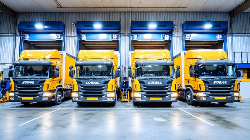 Four Yellow Delivery Trucks Parked in a Warehouse Stock Image - Image ...