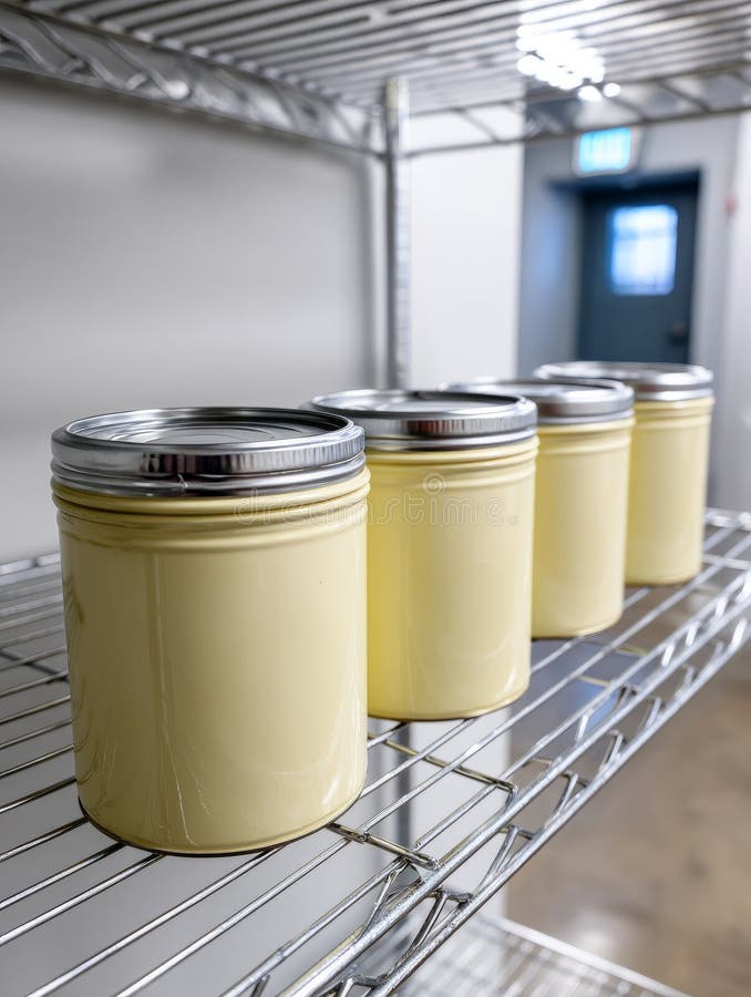 Four Yellow Jars with Metal Lids on a Metal Shelf in a Room. Stock ...
