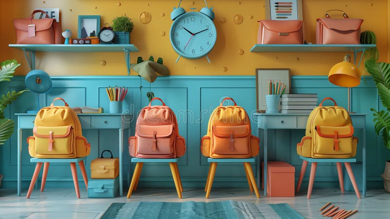 Four Yellow and Orange BackPacks in a Classroom Setting Stock Image ...