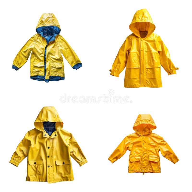 Four Yellow Raincoats with Hoods Stock Photo - Illustration of zipper ...