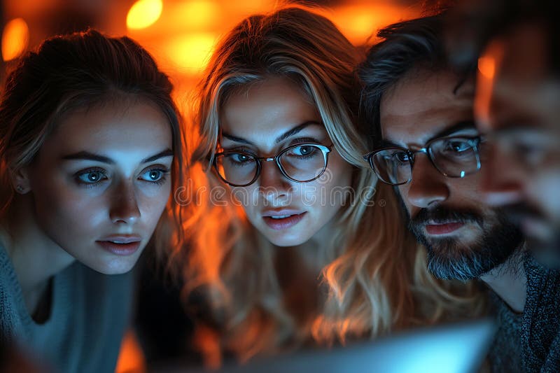 Four Young Adults Huddle Around a Tablet, Engrossed in Its Contents ...