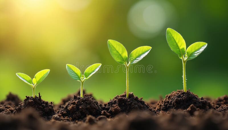 Four Young Green Plants Emerge from Soil. Plants Symbolize Growth, New ...