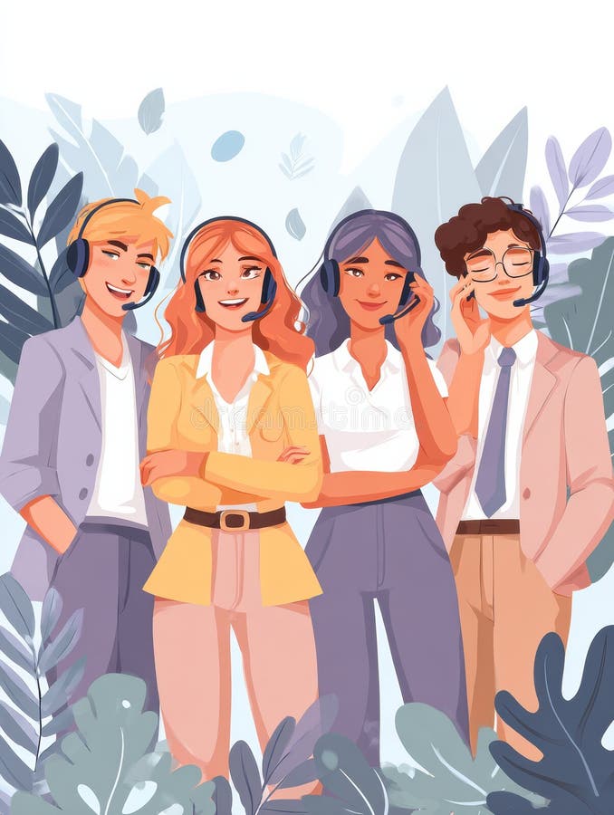 Group of Young Professionals Wearing Headsets in a Modern Office Setting during a Team ...