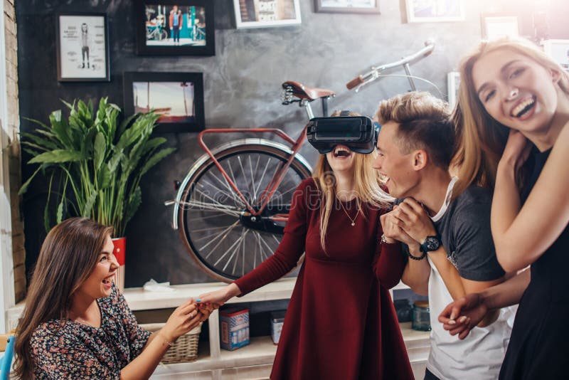 Four Young People Having a Party Testing New Technology of 3d Vision ...