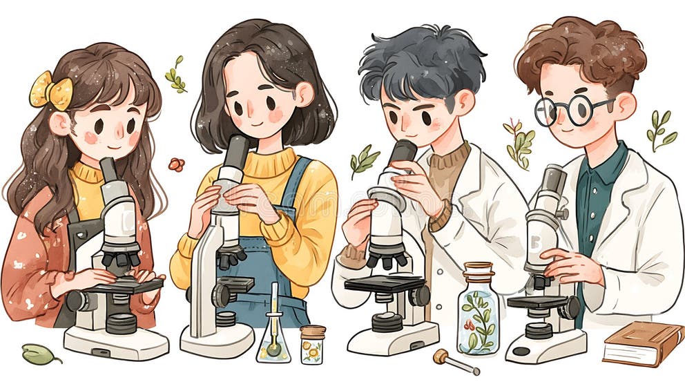 Four Young Scientists Using Microscopes in a Colorful Illustration ...