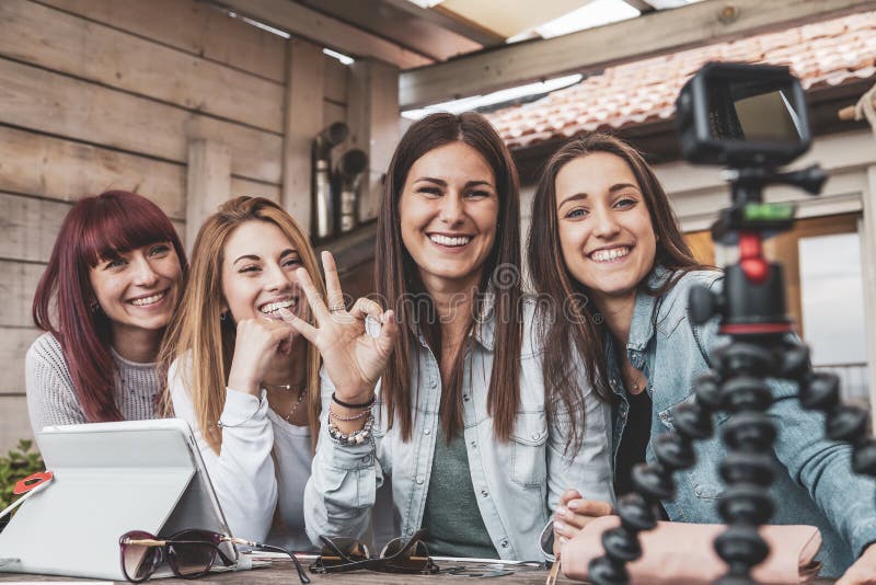 Four Young Vloggers Talking on the Camera Stock Image - Image of ...