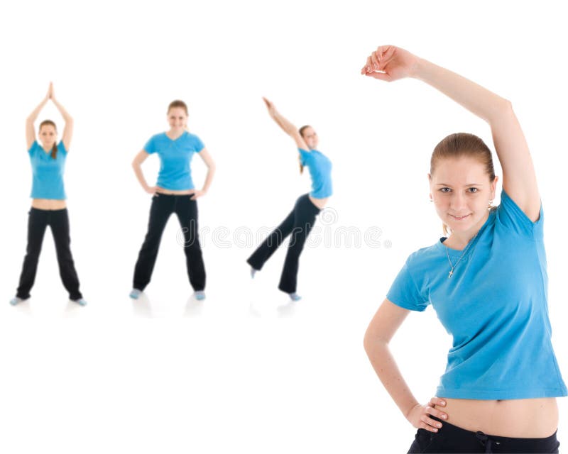 The Four Young Woman Doing Exercise Isolated Stock Photo - Image of ...