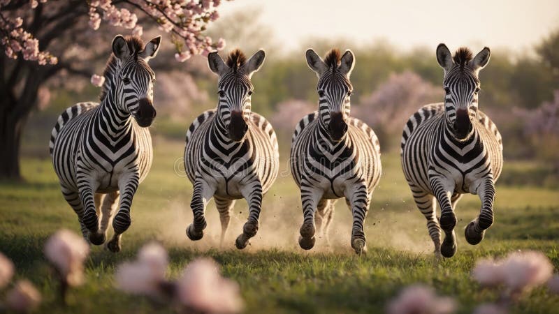 Four Zebras Running in Spring Meadow Stock Illustration - Illustration ...