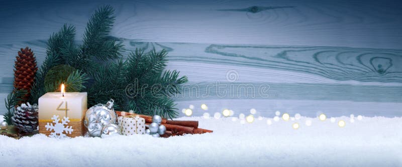 Fourth Advent. Christmas Background with Fir Tree and Lights on Snow ...