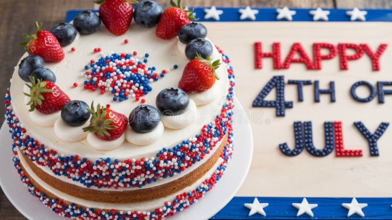 Fourth of July Independence Cake with Fresh Berries and Red, White ...