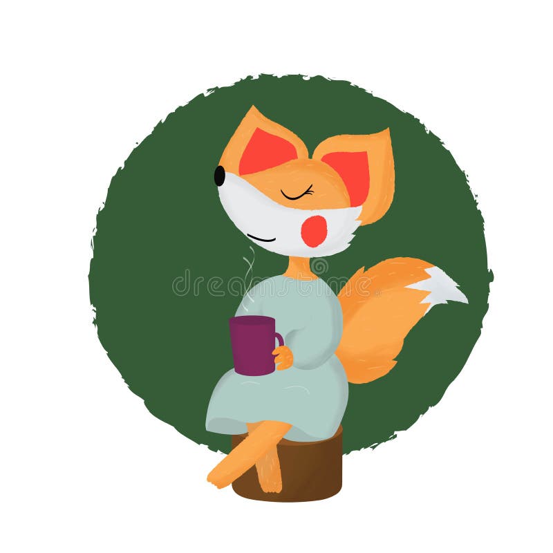 Red fox drinks tea stock illustration. Illustration of morning - 220585531