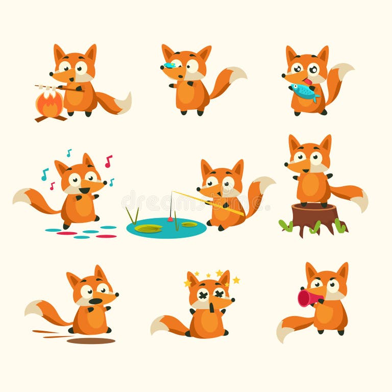 Fox Activities with Different Emotions. Vector Illustration Set Stock ...