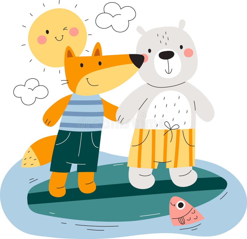 Fox and Bear on Surfing Board Stock Vector - Illustration of wildlife ...