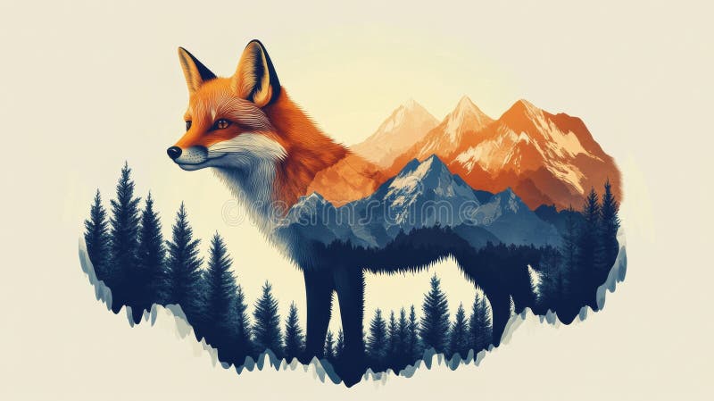 Creative Fox Illustration Blending with Pine Trees and Mountains for a ...