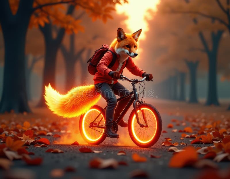 Fox on Bike with Glowing Wheels in Autumn Park Stock Illustration ...