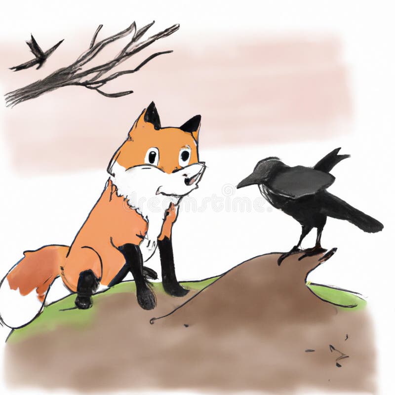 Fox and Black Raven Crow Illustration Stock Illustration - Illustration ...