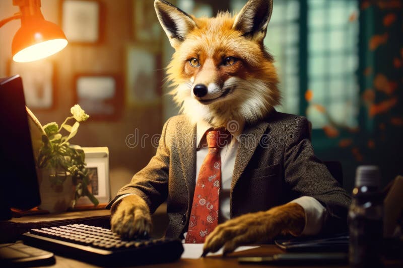A Fox in a Businessman S Business Suit Works in an Office at a Computer ...
