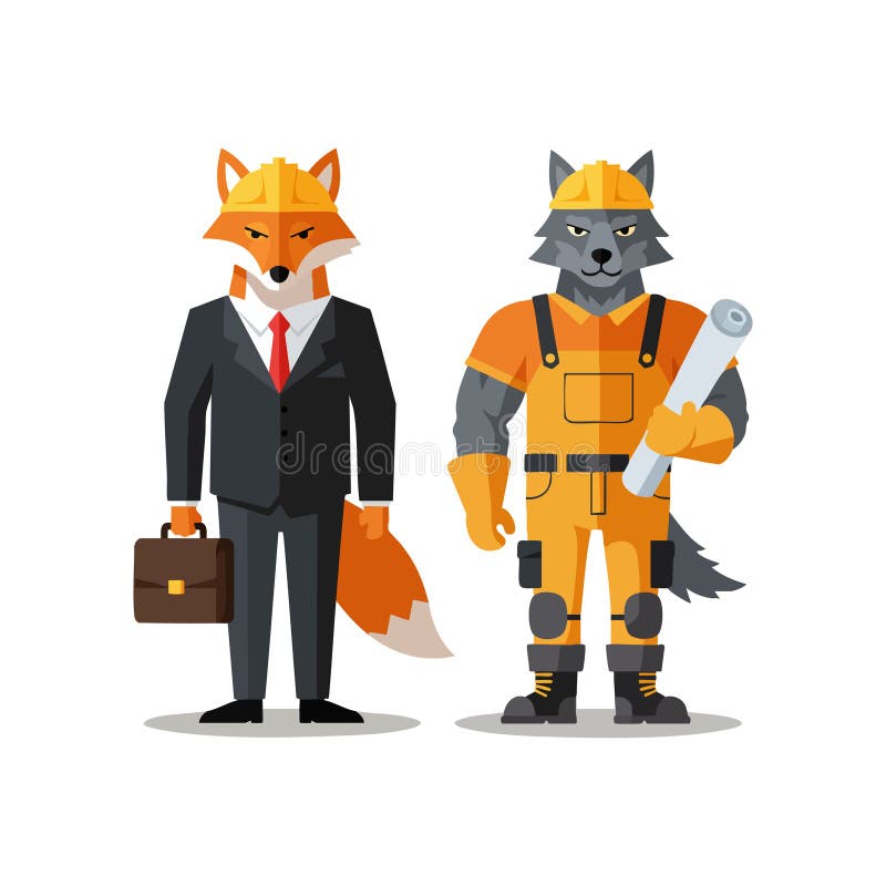 Fox Businessman and Wolf Construction Worker Vector Illustration with ...