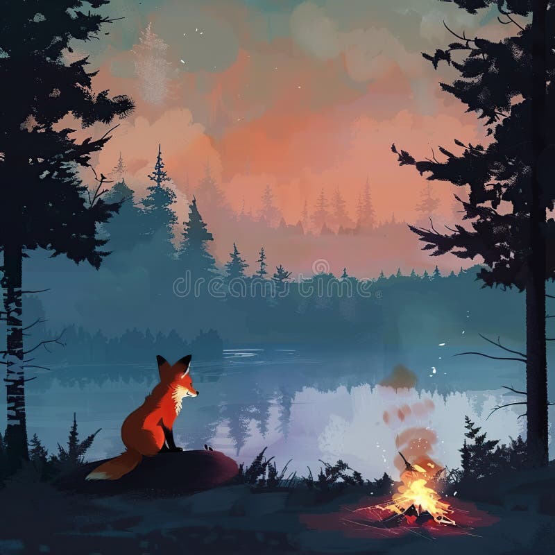 Fox by Campfire at Tranquil Lake, Sunset Stock Illustration ...