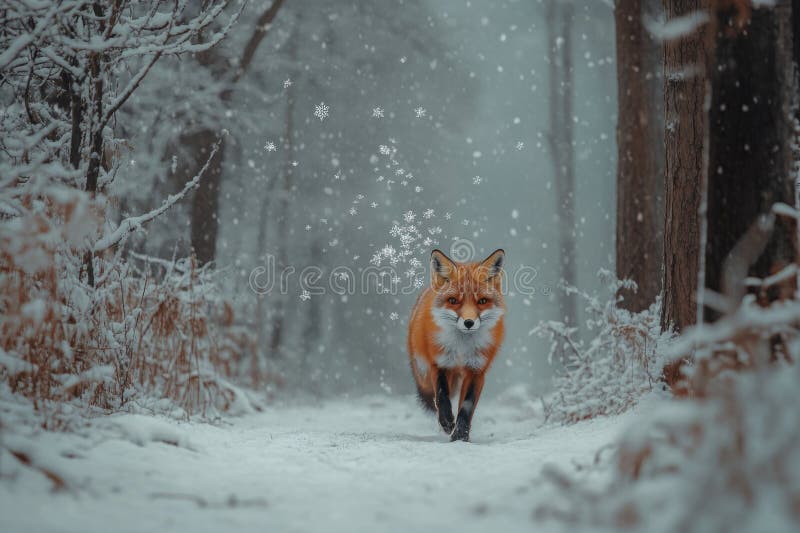 Fox Chasing Snowflakes in Winter Forest Stock Illustration ...