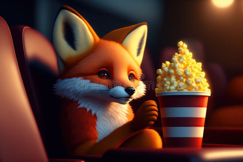 Fox at Cinema Watching Movie with Popcorn Stock Illustration ...