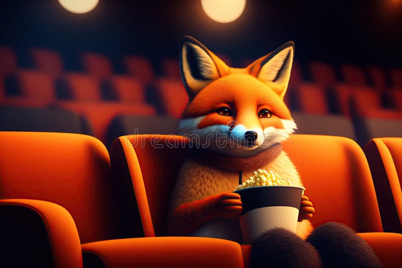 Fox at Cinema Watching Movie with Popcorn Stock Illustration ...