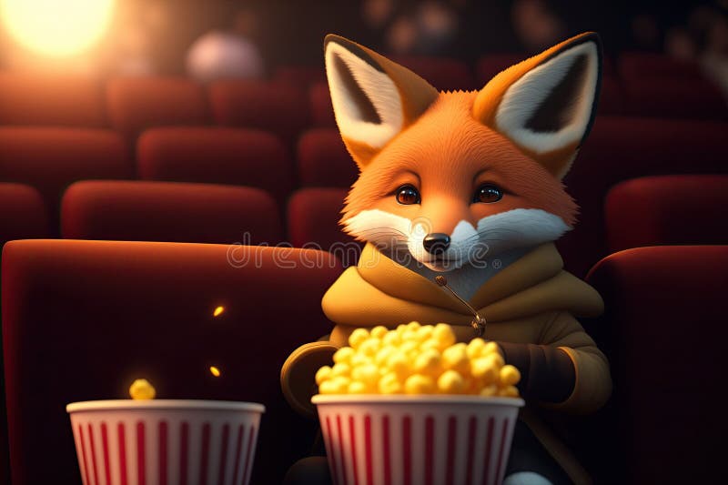 Fox at Cinema Watching Movie with Popcorn Stock Illustration ...